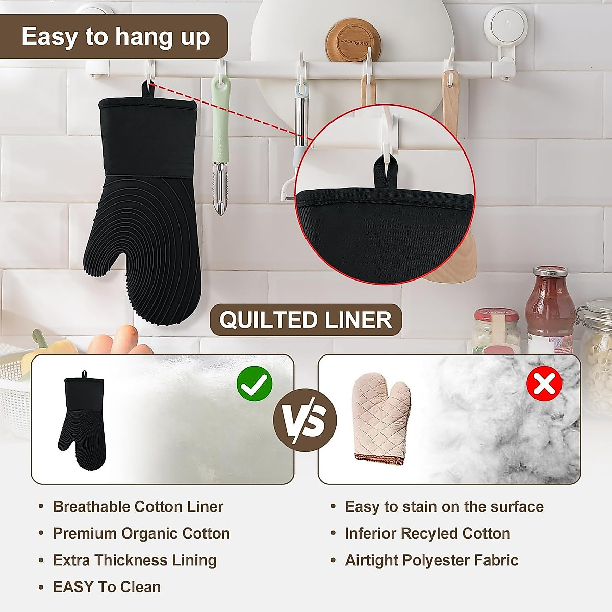 5Pcs Oven Mitts and Pot Holders, 500°F High Heat Resistant Silicone Kitchen Oven Mitts, Waterproof, Non-Slip, Easy to Clean, Cotton Lined Oven Gloves, BPA-Free, Oven Mits Set for Baking and Cooking