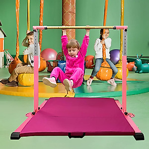 Peakpath Updated Expandable Gymnastics Kip Bar with High Density 47’X47’ Gym Mat, Fiberglass Rail,Adjustable Height 3'-4.8' Junior Training Bar,Home Gym Equipment,1-4 Levels,300lbs Weight Capacity
