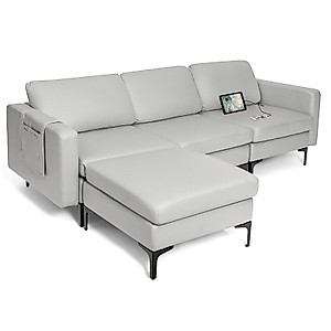 Giantex 94.5" L Convertible Sofa Couch, 3 Seat Sectional Sleeper with USB Ports & Socket, Reversible Chaise Lounge, Storage Box, L-Shaped Modular Sofa for Living Room Bedroom Office, Light Grey