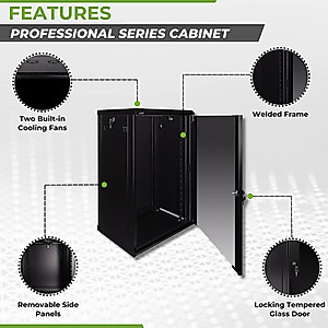 NavePoint 18U Server Rack Enclosure - 17.7” Deep, 18U Wall Mount Network Cabinet with Locking Glass Door for 19” IT Equipment, 18U Network Rack with 2 Fans, Removable Side Panels, Black