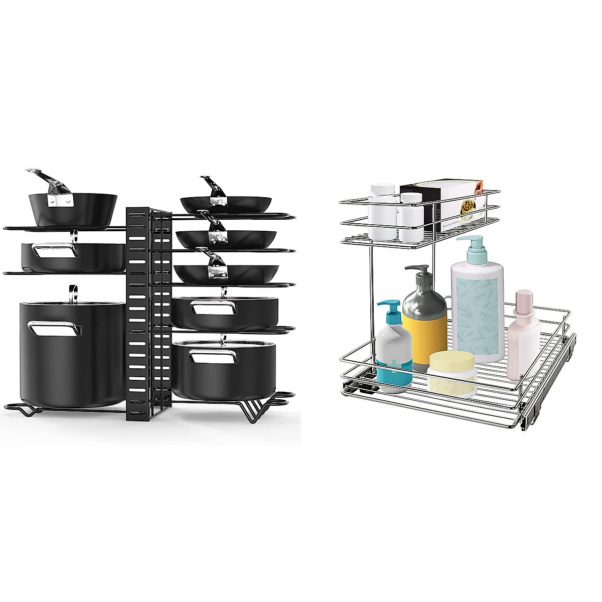 Pot Rack Organizers & Pull Out Cabinet Organizer, Adjustable Pots and Pans Organizer with 3 DIY Methods for Kitchen Organization, 12.6W x 16.53D x 12.99H Under Sink Slide Out Storage Shelf(2 Pack)