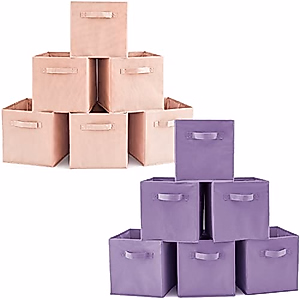EZOWare Set of 12 Foldable Basket Bin Collapsible Storage Cube for Nursery, Kids Toys Organizer, Shelf Cabinet - (Pale Dogwood + Purple)