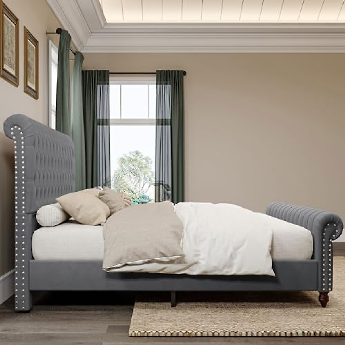 PaPaJet Bed Frame Queen Size with Headboard and Footboard, Velvet Upholstered Sleigh Bed, Deep Button Tufted, No Box Spring Needed, Grey