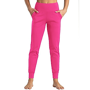 Wjustforu Women's Joggers Sweatpants High Waist Lounge Tapered Pants with Pockets Loose Track Cuff Leggings for Gym, Workout, Yoga (Small, Bright Pink)