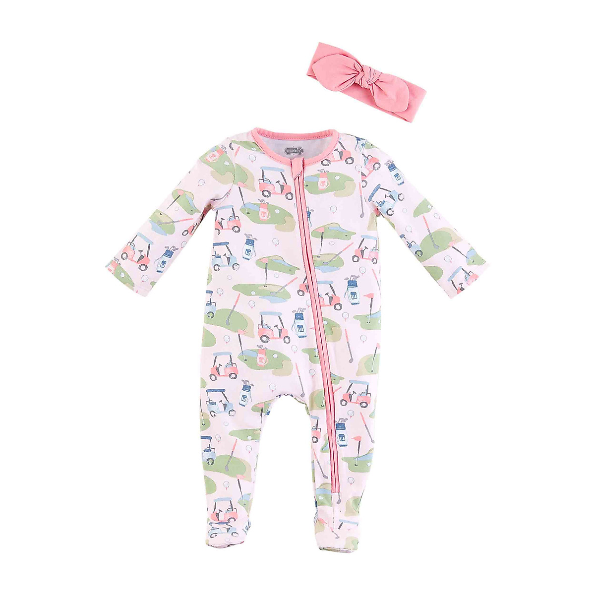 Mud Pie Baby Girl Sleeper & Headband Set, Pink Golf, 3 Months