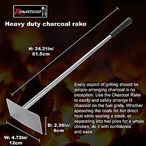 ROMANTICIST Heavy Duty Stainless Steel Ash Tool Rake with 24” Long Rubber Handle for Big Green Egg Kamado Joe and Other Charcoal Grills - Wood Burning Stove Charcoal Pellet Poker Grilling Accessories