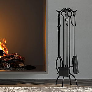 Fire Beauty 5-Piece Fireplace Tools Set, Heavy Duty Wrought Iron Fire Place Toolset, Black