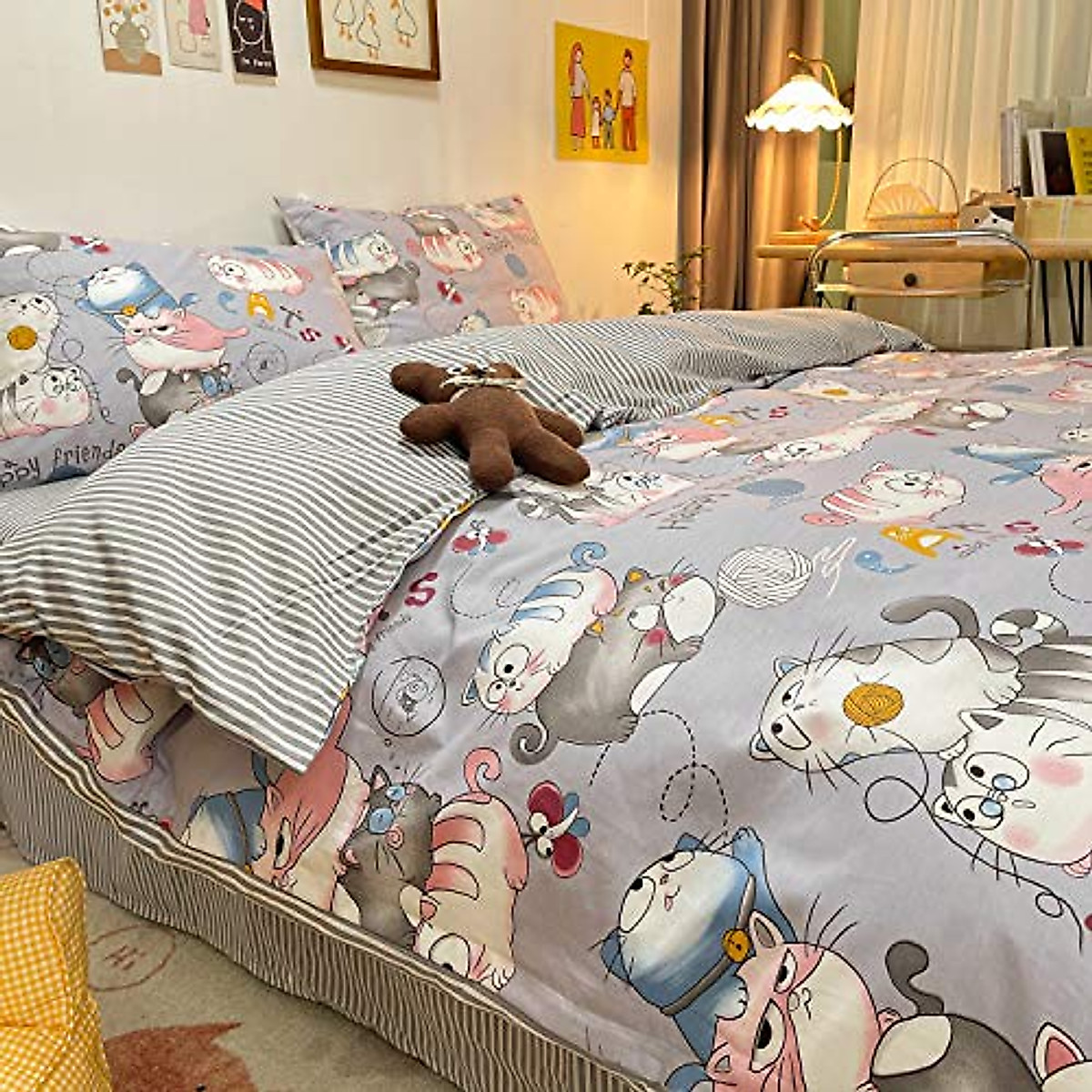 Animal Print Duvet Cover, 3 Pieces 100% Cotton Cat Bedding Set, Pink Gray Blue Cartoon Lovely Cat Pet Pattern Duvet Cover, with Zipper Ties, Luxury Ultra Soft Extremely Durable (Cat, Queen)