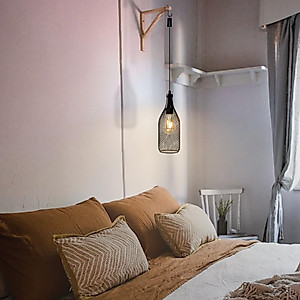 JHY DESIGN Hanging Lamp Black Battery Powered Decorative Pendant Lamp Metal Cage Battery Lamp with 6 Hours Timer for Bar Bedroom Garden Parties Patio Indoor Outdoor Living Room(Wine Bottle Shaped)