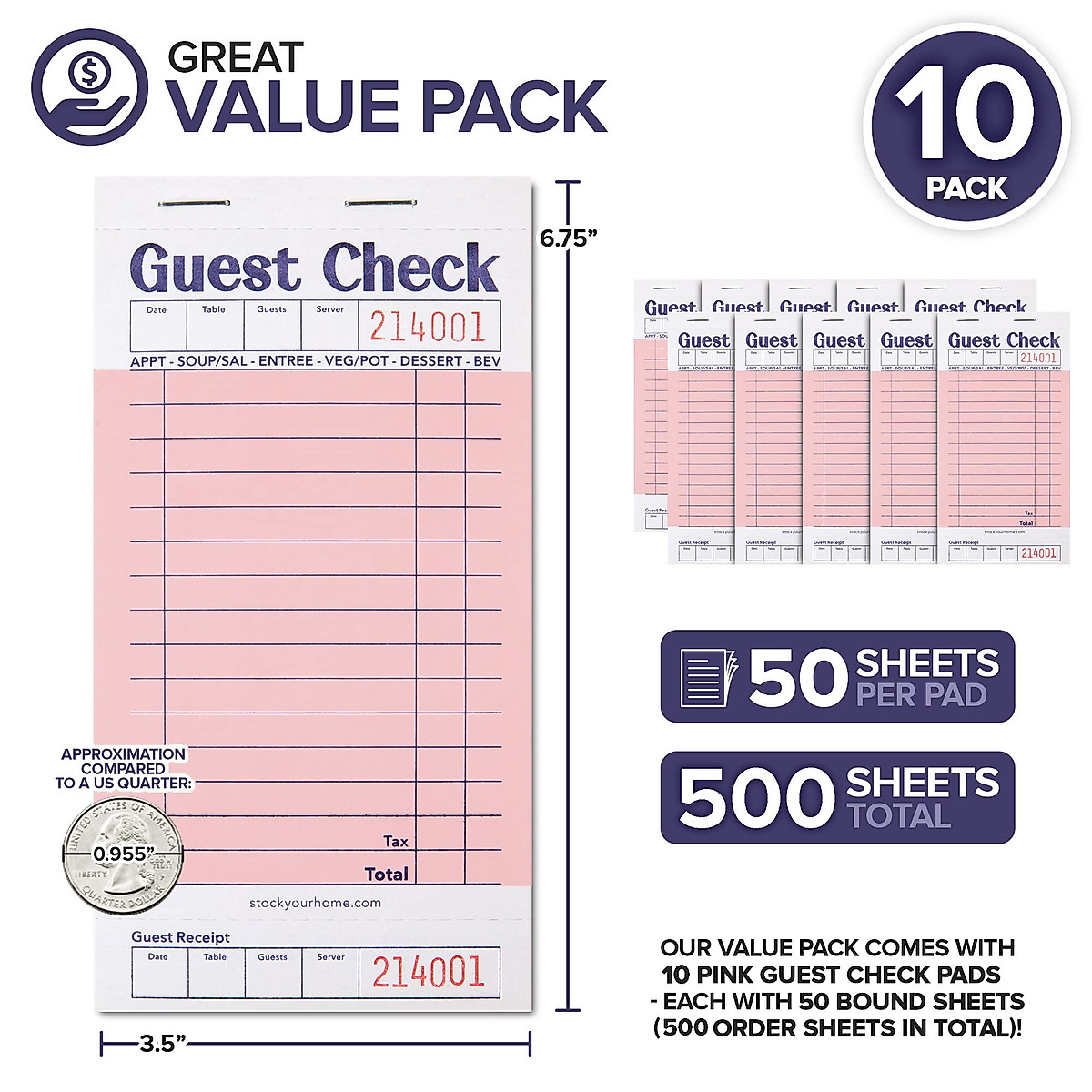 Stock Your Home Pink Guest Check Books for Servers (10 Pack) Server Note Pads, Waiter Checkbook, Food Receipt Book, Restaurant Order Pad, Paper Checks, Waitress Accessories, 500 Total Tickets