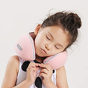 URBAN FOREST Kids Neck Pillow,Memory Foam,Ergonomic&Washable Travel Pillow,Safety Button,School Nap Pillow Gifts Portable for Toddler/Child,Can Be Rolled Up(Drawstring Bag) (Pink)