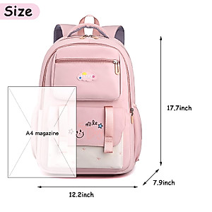 Makukke Backpack for Girls Kids, Cute Kawaii School Bag Lightweight Bookbag Backpack for Middle & High School with Anti Theft Pocket, Pink Backpack