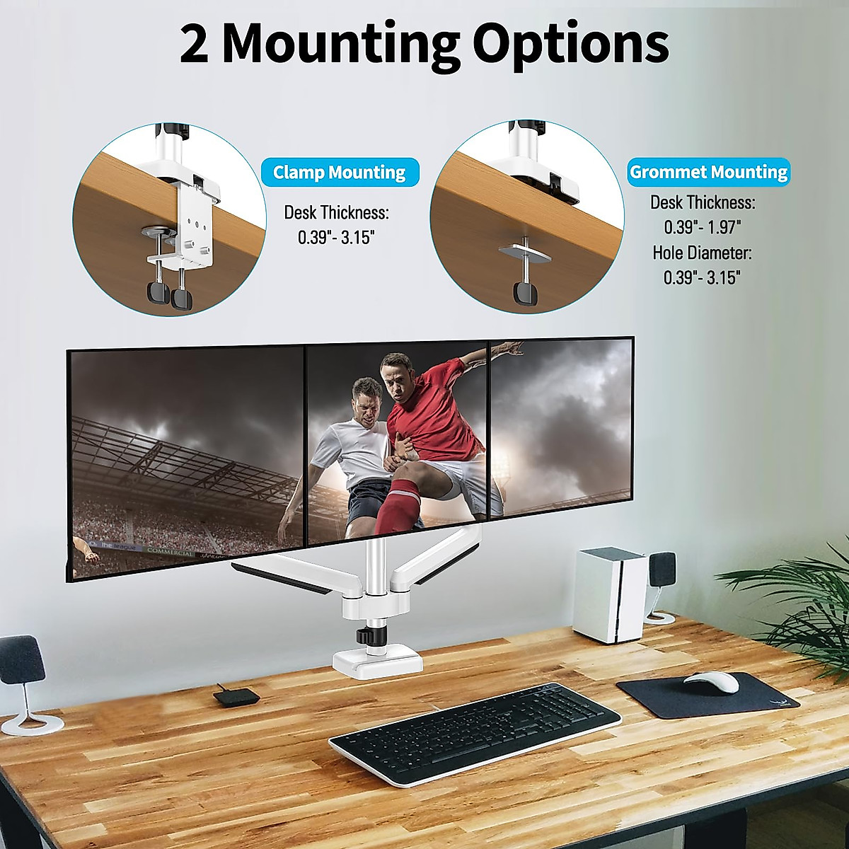 MOUNTUP Triple Monitor Mount, 3 Monitor Stand Desk Arm for Max 32'' Computer Screens, Max Extension 62.3" Gas Spring Triple Monitor Stand Holds 4.4-19.8lbs, VESA Bracket with Clamp/Grommet Base, White