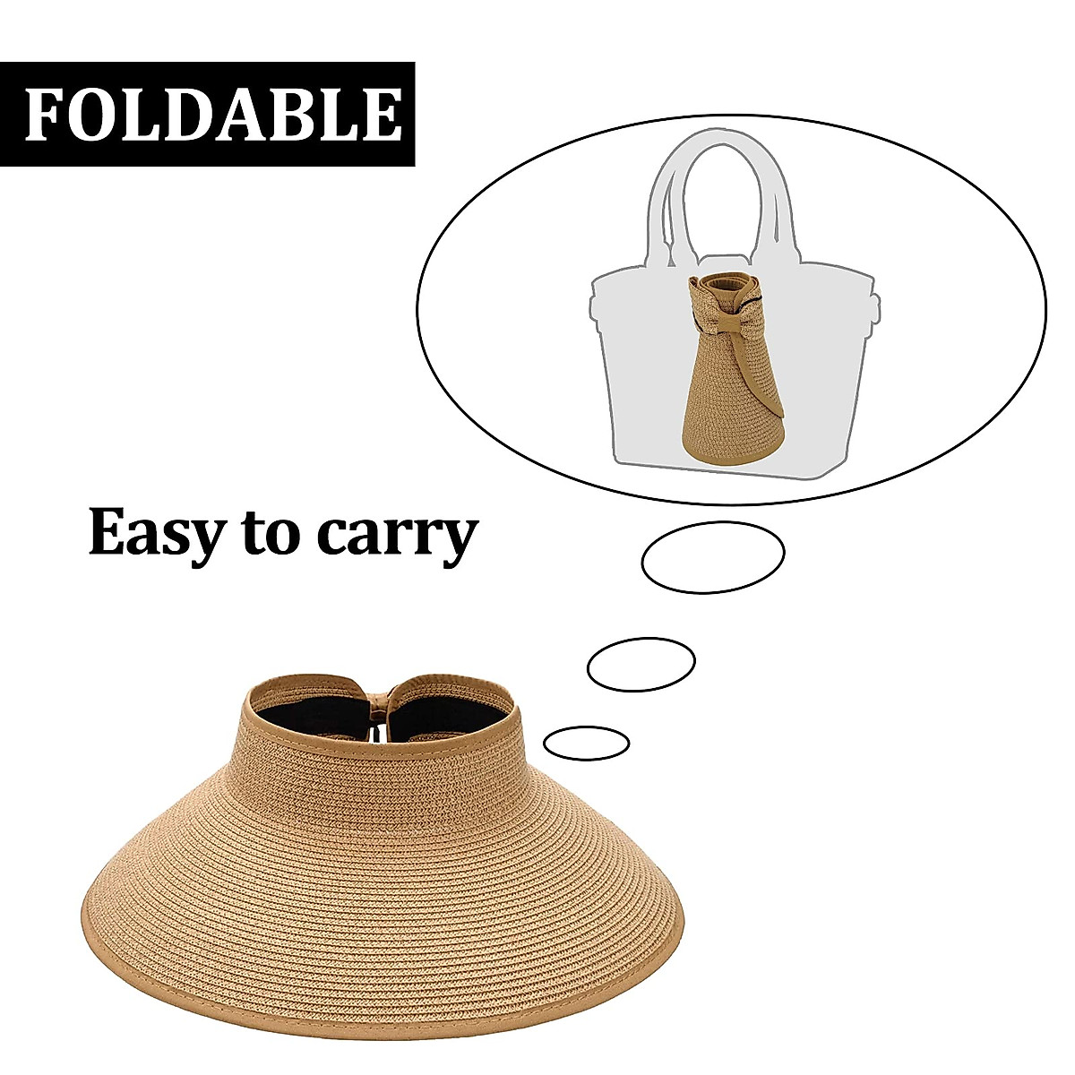 Andiker Women Roll Up Sun Visors Hat, Fordable Wide Brim Ponytail Beach Hat with A Storage Bag, Adjustable Straw Hat with Bow for Summer (Navy)