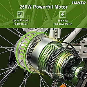 NAKTO Electric Bike 26" Electric Bicycle for Adults 250W Brushless Gear Motor 6-Speed Gear E-Bike with Removable Waterproof Large Capacity 36V10.4A Lithium Battery and Battery Charger