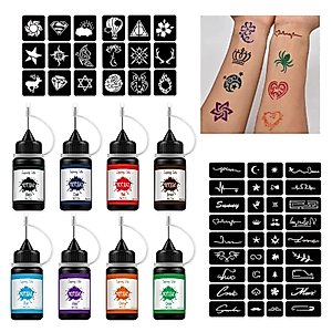 MOTJIAO Temporary Tattoo Kit/Waterproof Lasting for 3-7 days(Natural Plants Based) Including 178 Pcs Free Stencils/Temporary Tattoo ink 8 Bottles with 8 Colors Suitable for Kids and adults