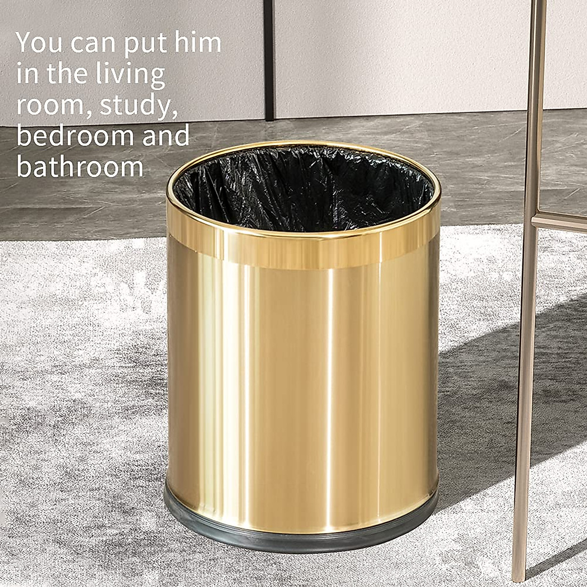 LEASYLIFE 2.6Gallon/10L，Brass Gold Bathroom Trash Can，Gold Bathroom Waste Baskets，Golden Small Garbage Can,Gold Waste Basket for Bedroom,Office，Store，Metal Trash bin Without lid (Gold)