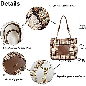 RTGGSEL Plaid Striped Woolen Cloth Shoulder Handbags for Women Tote Purse Ladies Designer Satchel Hobo Bag with Chain Strap Gift (Grey)