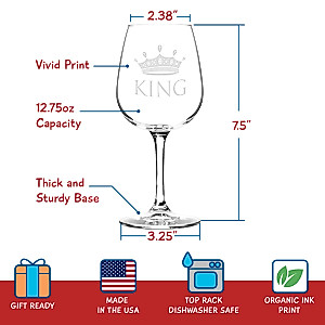 King and Queen Wine Glass Gift Set of 2 (12.75 oz) | Fun Novelty His and Hers or Husband Wife Drinkware | Couple, Newlywed| Wedding or Favorite Couples Gift | USA Made