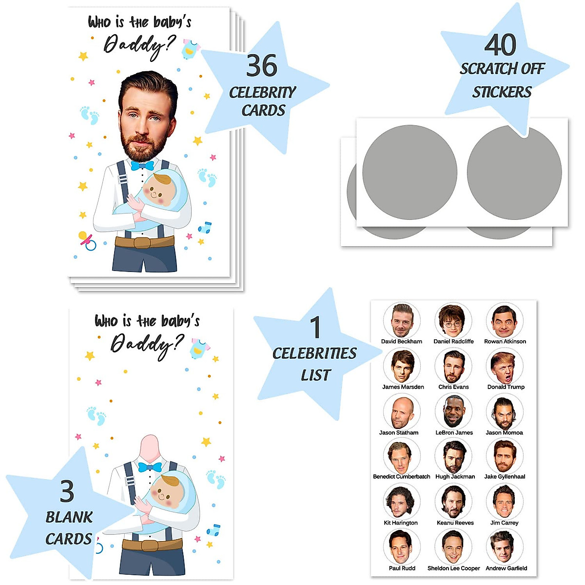 Funny Baby Shower Scratch Off Game Cards, Scratch Off Lottery Ticket Raffle Cards, Great Party Icebreak Game Ideas for Baby Shower, who is The Baby's Daddy, Party Decor 40 Cards, White