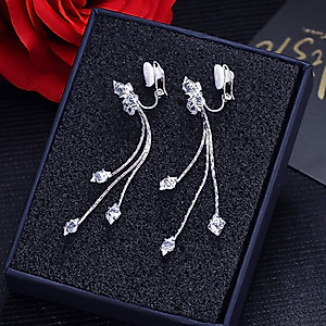 YOQUCOL Women Cubic Zirconia Crystal Long Drop Dangle Clip On Earrings For Not Pierced Women