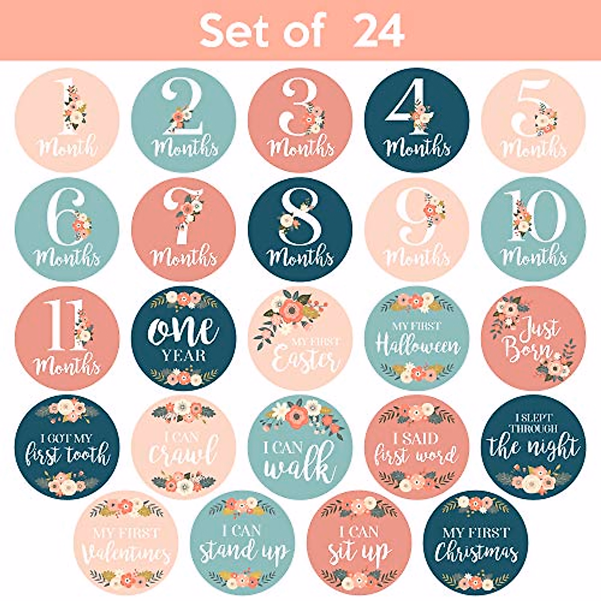 Baby Monthly Stickers | Floral Baby Milestone Stickers | Newborn Girl Stickers | Month Stickers for Baby Girl | Baby Girl Stickers | Newborn Monthly Milestone Stickers (Set of 24)