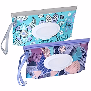 FEBSNOW 2 Pack Baby Wipe Dispenser,Reusable Portable Wipe Holder,Baby Wipes Container,Travel Baby Wipes,Refillable Wet Wipe Pouch(Floral)