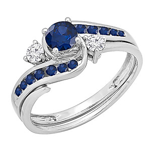 Dazzlingrock Collection 10K Round Blue Sapphire And White Diamond Swirl Bridal Engagement Ring Set, White Gold, Size 8.5