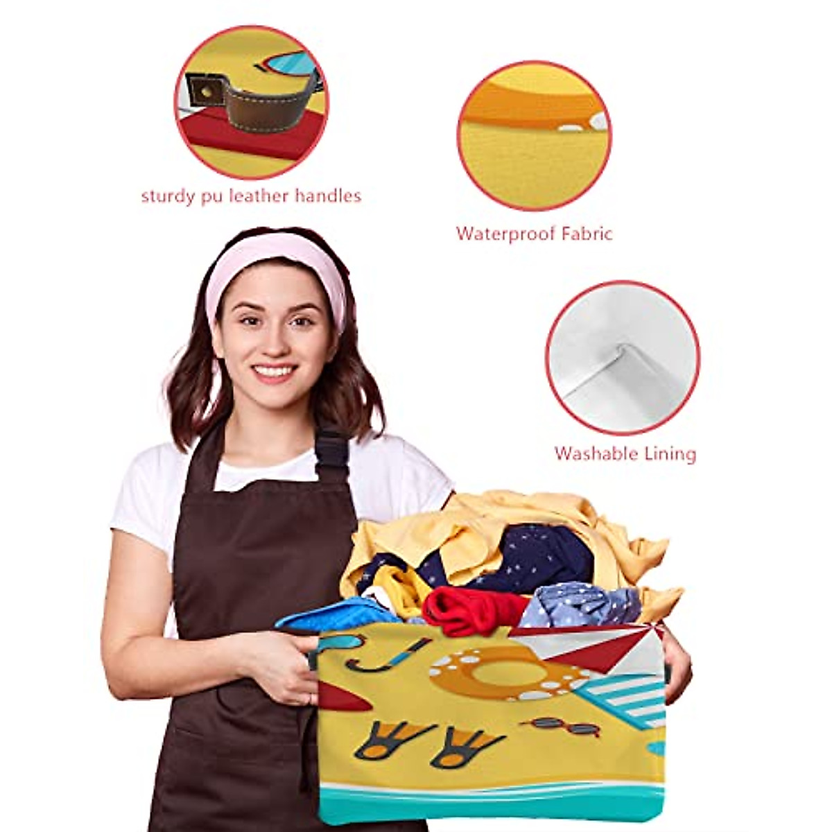 Storage Bins,Ocean Summer Beach Ball Surfboard Swim Ring Storage Basket with Handles,Waterproof Collapsible Storage Bin,Cartoon Marine Diving Flip-Flops Storage Organizer Shelves Closet Living Room