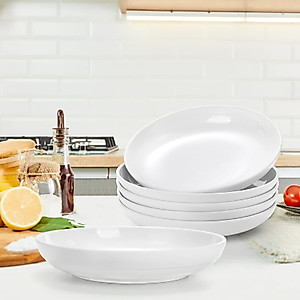 Fasmov Melamine Pasta Bowls, 6 Pack 8 inches 20 Oz Large Salad Serving Bowls, Shallow Salad Bowls, Plastic Dinner Deep Plates, Dishwasher Safe, White