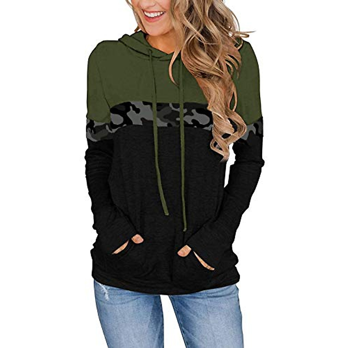 LERUCCI Womens Casual Long Sleeve Hoodie Sweatshirts Color Block Drawstring Pullover Shirts Tops with Pockets Camouflage Army Green Medium