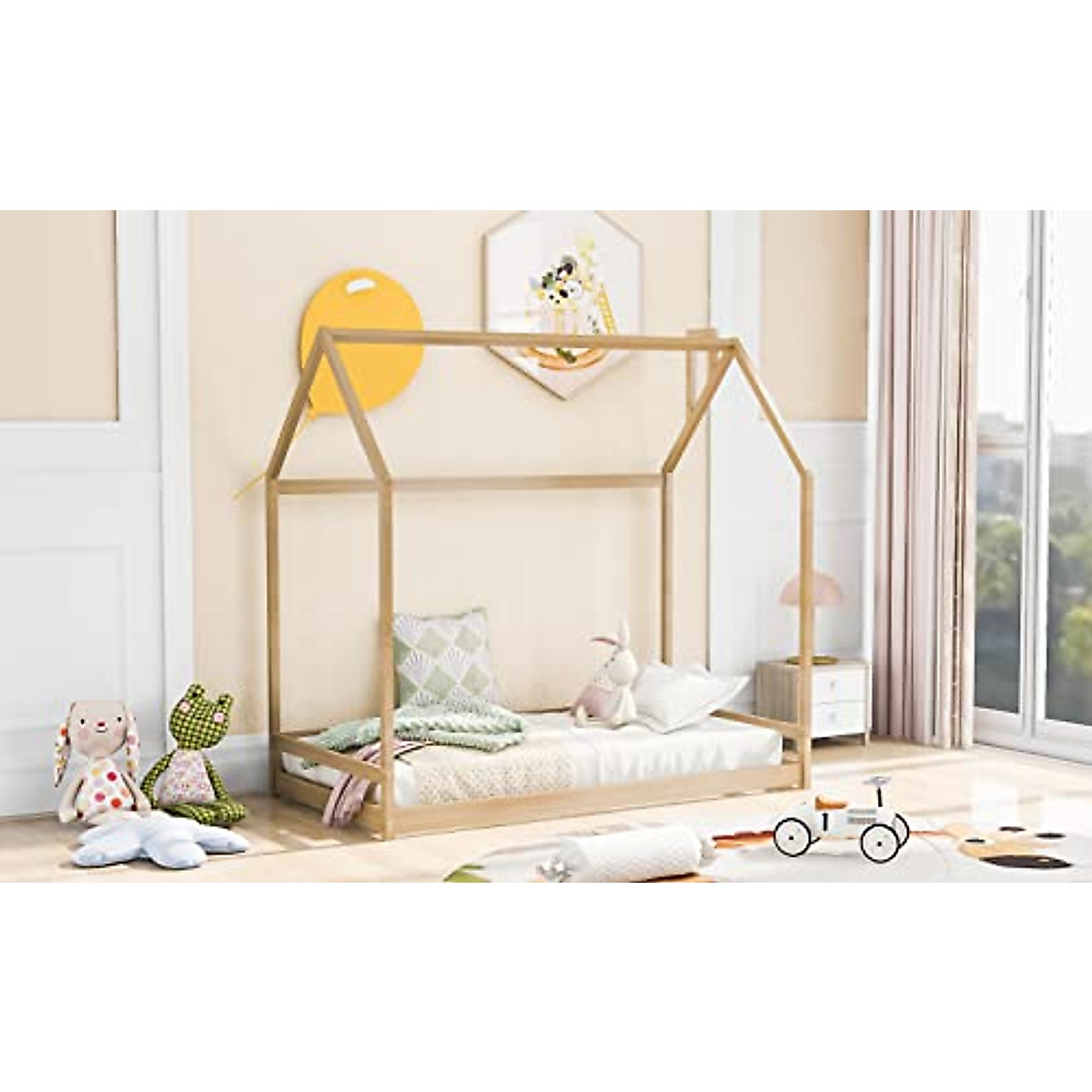 AOCOROE Twin Size House Bed Frame Floor Montessori House Bed Canopy Bed for Boys and Girls. House Shaped Wood Twin Bed Frame Without Slats, Natural