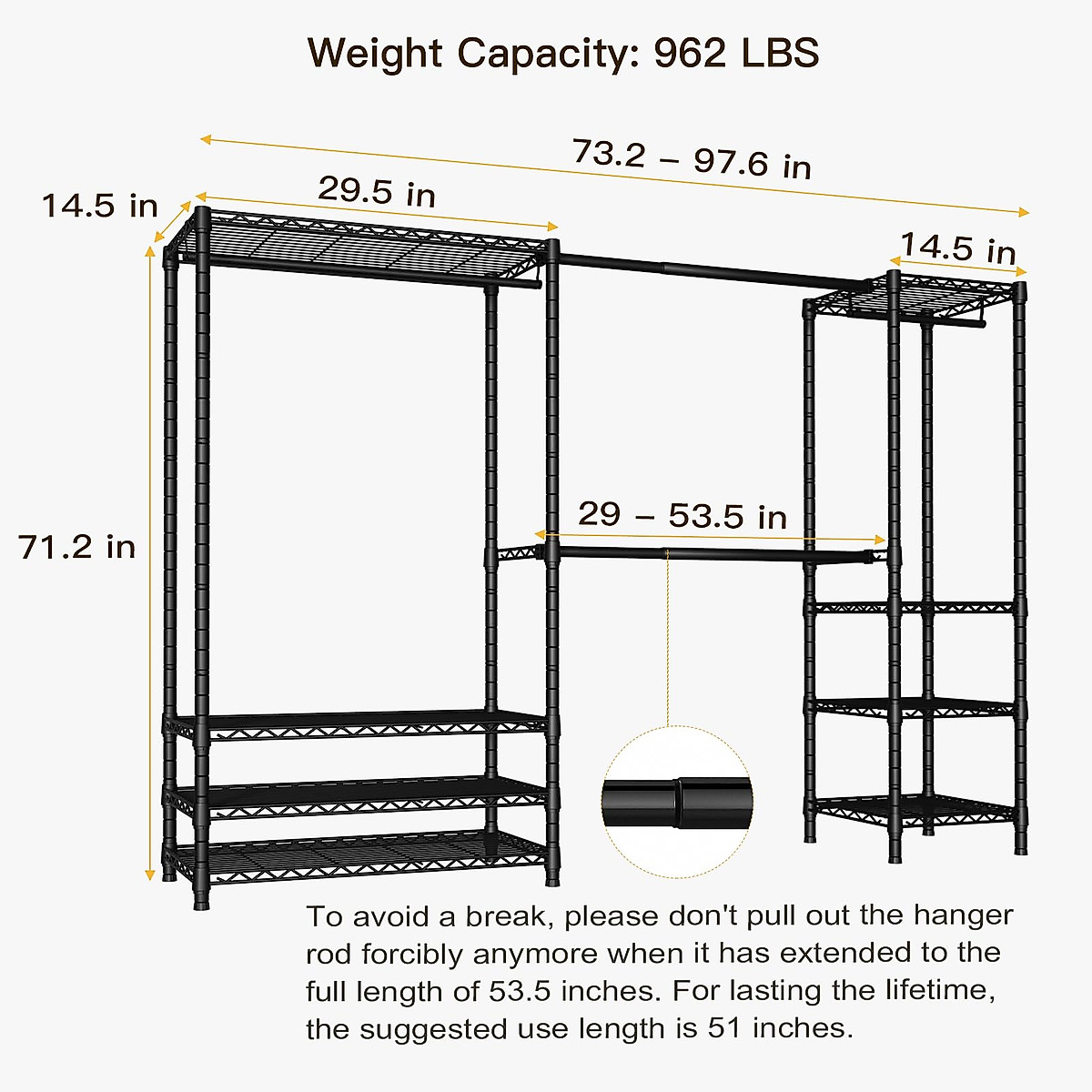 Ulif E11 Heavy-Duty Garment Rack, Metal Freestanding Clothes Rack and Closet Storage Organizer System with 8 Shelves and 4 Hanger Rods, (73.2 - 97.6)"W x 14.5"D x 71.2"H, Load 962 LBS, Black