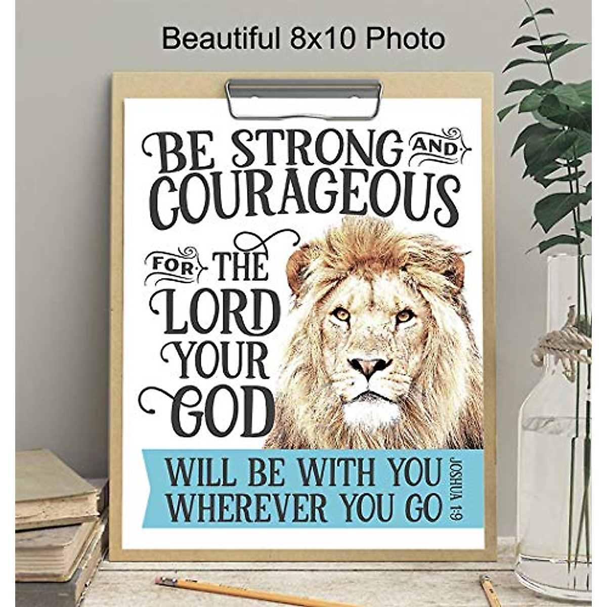 Be Strong and Courageous Wall Art - Lion Religious Scripture Decor - Christian Bible Verse Gifts for Men, Boys Bedroom, Teen Room - Motivational, Positive, Inspirational Quotes - Blessed Wall Decor