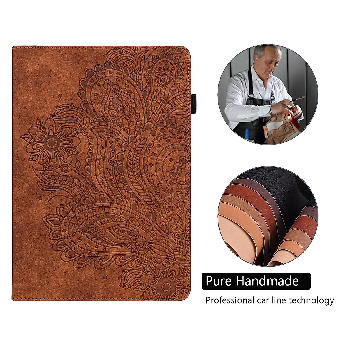 UUcovers for iPad 10th Generation Case 10.9 Inch 2022 with Pencil Holder/Pocket/Band/Embossed Floral Pattern/PU Leather/Soft TPU Wallet Folio Stand Magnetic Shockproof Cover, Brown Peacock Flower