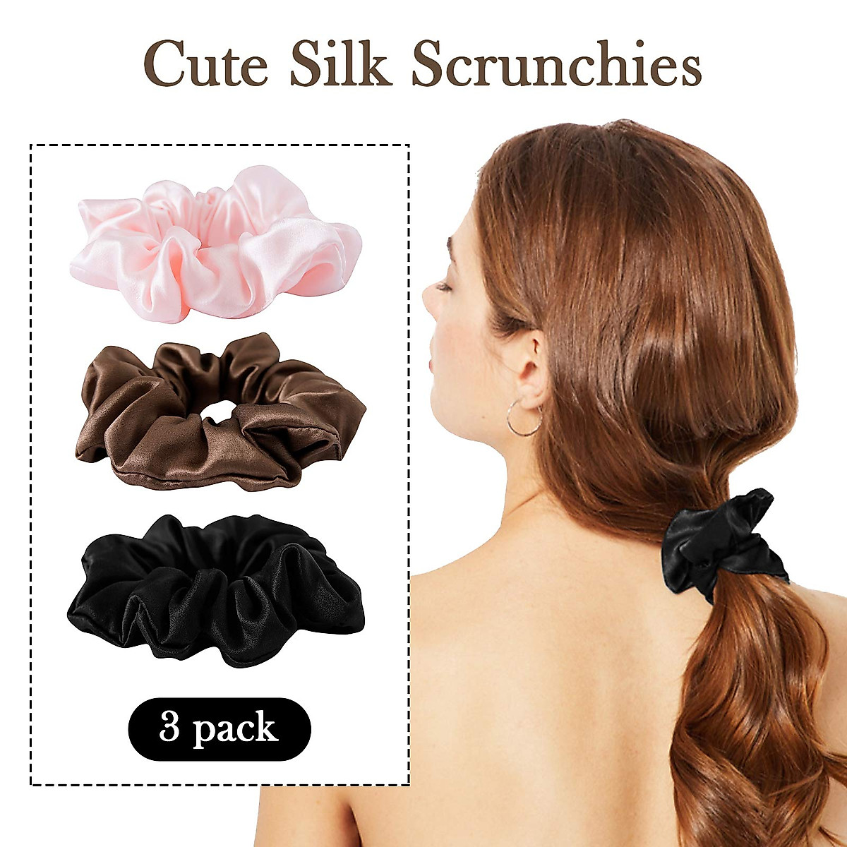 SOBONNY Silk Scrunchies for Women - 100% Mulberry Silk Hair Ties, 3 Pack, No Damage Elastic Ponytail Holders (Brown, Black, Pink)
