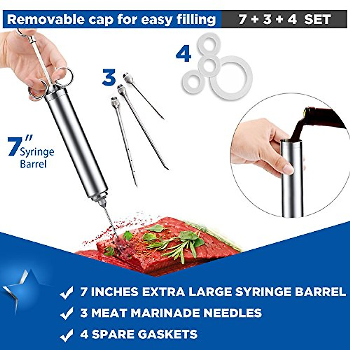 4 oz Stainless Steel Commercial Grade Meat Marinade Flavor Injector Kit 1/2 Cup Capacity Seasoning Injector with 3 Professional Marinade Needles