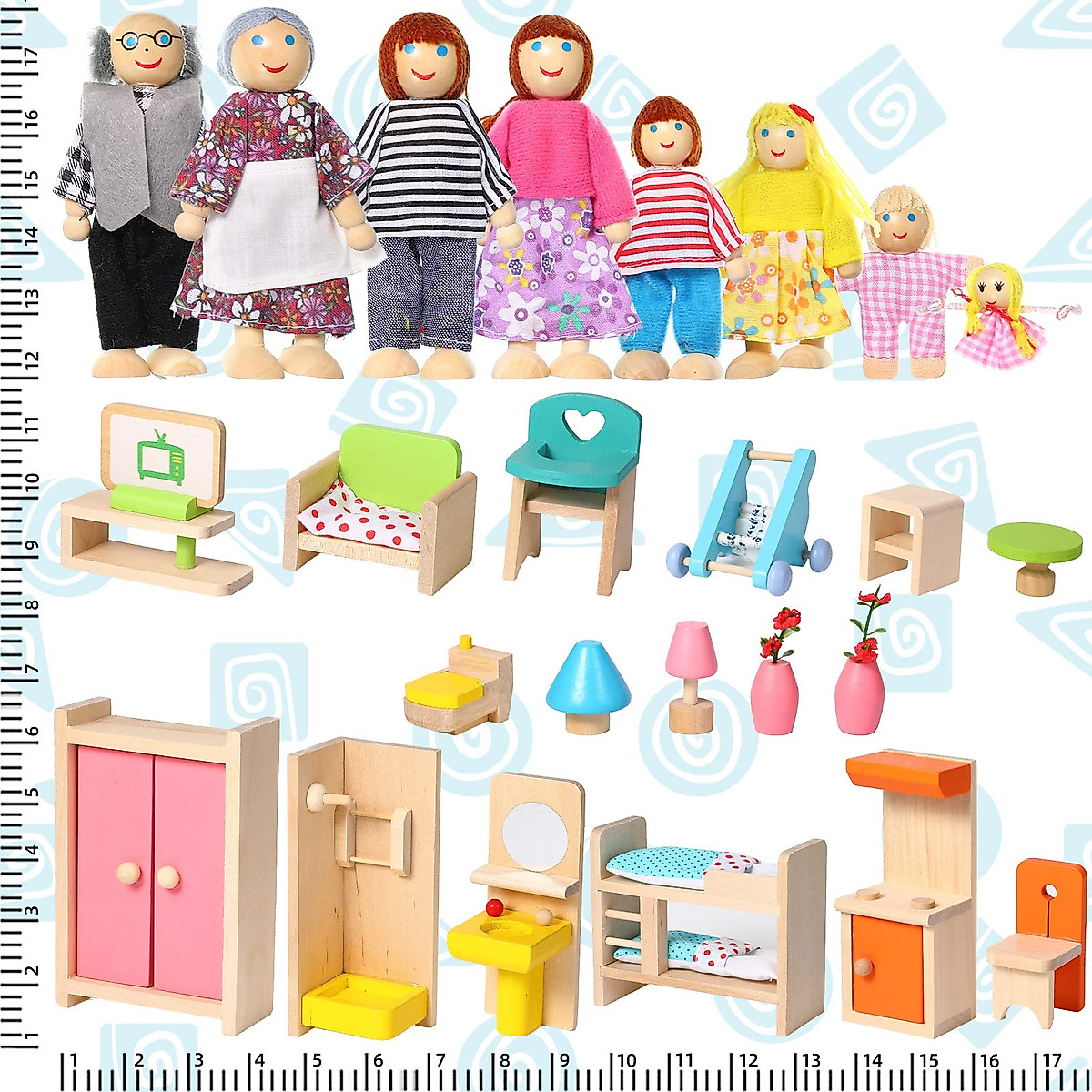 Civaner 52 Pcs Wooden Dollhouse Furniture Set Including 8 Family Dolls Miniature Doll House Accessories 1:12 Scale 5 Space Kits Bathroom Bedroom Living Room Dining Room Kitchen Gift for Christmas