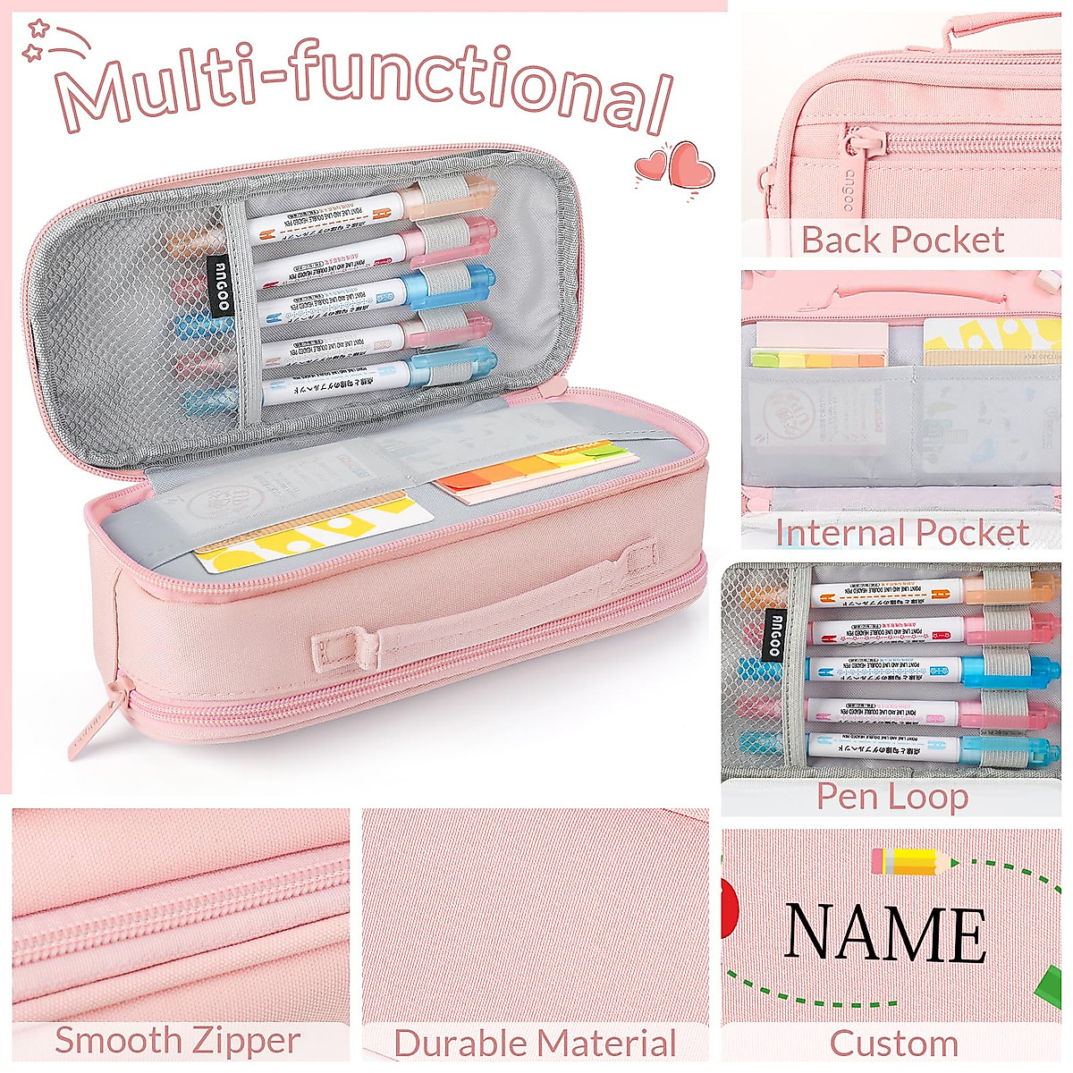 Angirlish Custom Pencil Case,Large Capacity Pencil Pouch with Handle,Canvas Pencil Box with Name,Aesthetic Pencil Bag for College Student Teen Girls Office Supplies,Personalized Back to School Gifts