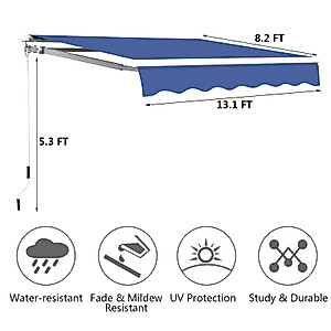 VUYUYU 13.1'x8.2' Patio Awning Retractable Awning Cover Sunshade Shelter Outdoor Canopy with Crank Handle and Water-Resistant Polyester for Courtyard, Balcony, Shop, Restaurant, Cafe, Deck