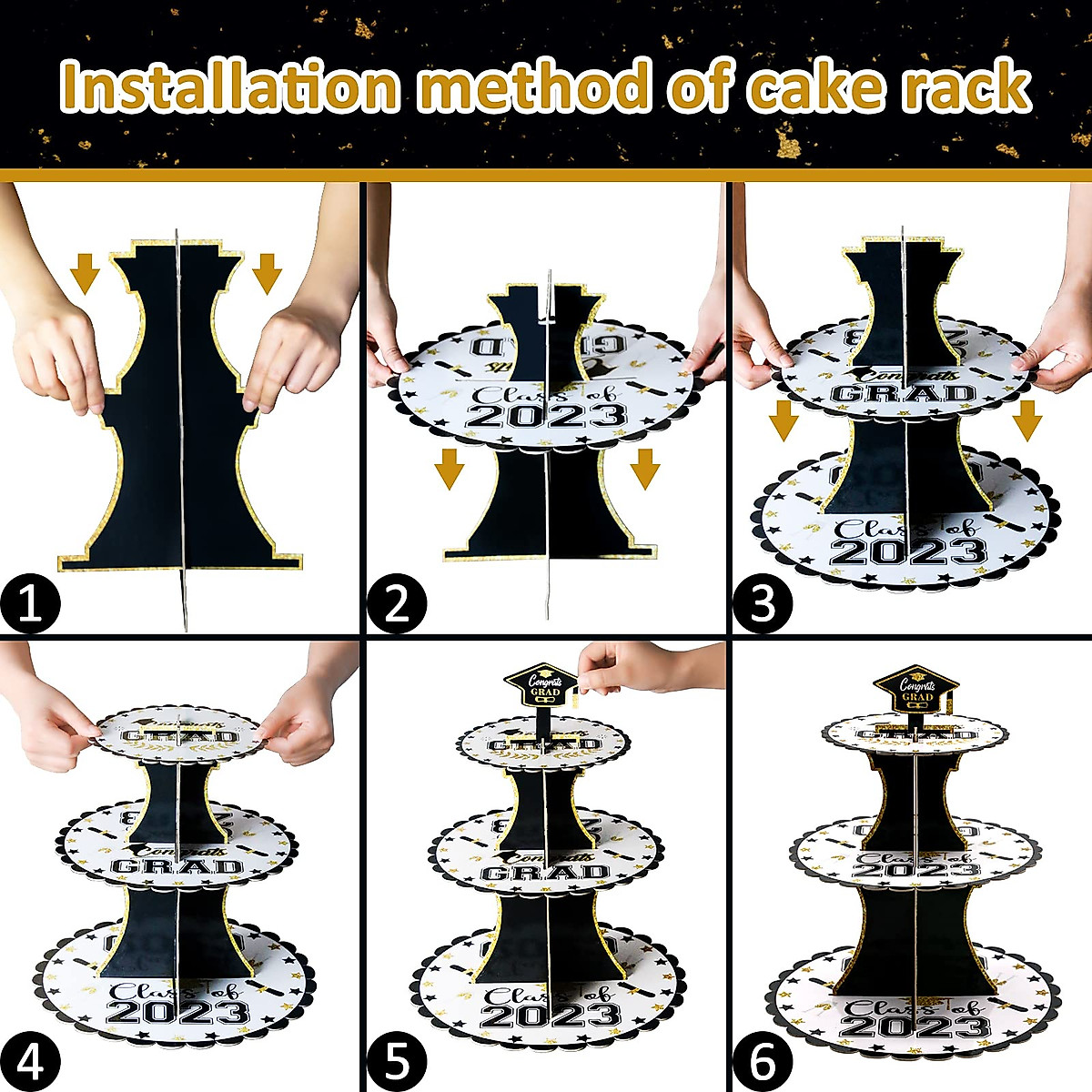 2-Set Class of 2023 Black Gold 3-Tiered Graduation Round Cardboard Cupcake Stands 24 Cake Inserts and 24 Cake Borders for Grad Themed Party Decor Graduation Dessert Favors Supplies (Black Gold)