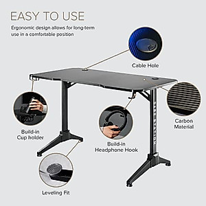 POUT Game Station 1 RGB LED Gaming Desk with LED Lights, Headphone Hook, Cable Hole, 16-Color Controller & Cup Holder — 47-inch Premium Steel Gamer Desk with Carbon Fiber Surface (Black)