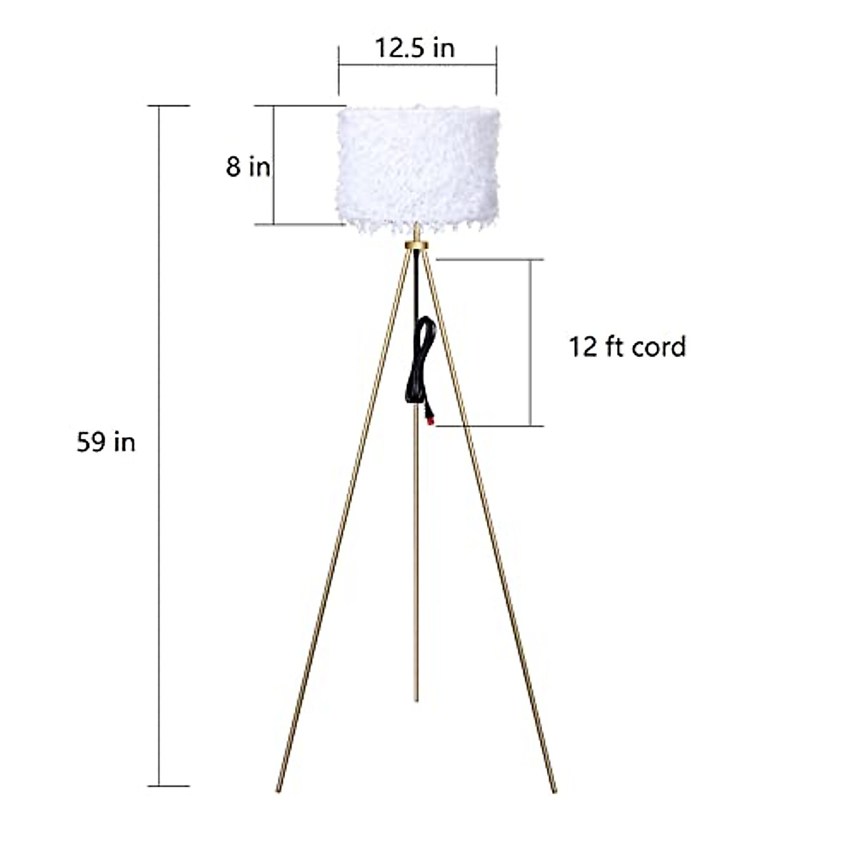 Modern Tripod Floor Lamp for Bedroom, Living Room, Gold Floor Lamps with White Cloth Fabric Shade, Faux Feather Tassels Finish