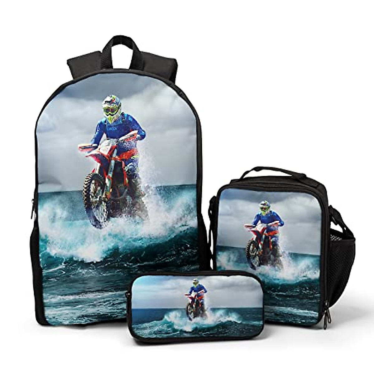 Giwawa Cool Dirt-Bike Motocross School Backpacks for Teen Boys Motorcycle Vehicle in Sea Backpack School Bookbags Set Lunch Bag Pencil Case