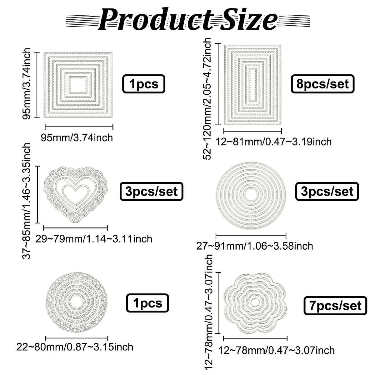 BENECREAT 6 Sets Cutting Dies, 38pcs Metal Stencils Nesting Die Flower Heart Square Embossing Tools for Festival Mother's Day Card Making, Scrapbooking Photo Album Making