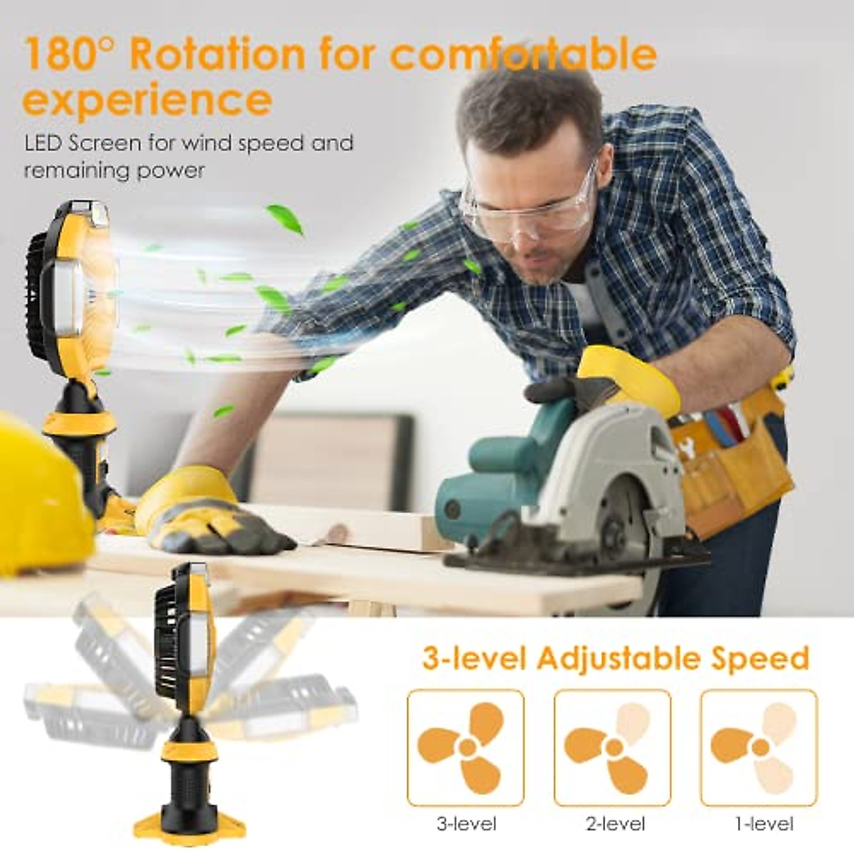 AKSOUL Cordless Fan Led Work Light: Rechargeable 14400mAh Battery Floor Fan Strong Airflow USB Magnetic Portable Camping Fan with Power Bank & Light 1000CFM for Jobsite Tent Travel Office outdoor