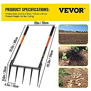 VEVOR Broad Fork Tool, 5 Tines 20 in Wide, Garden Tool with Fiberglass Handle for Gardening and Cultivating, Aerate Clay Soil for Farm