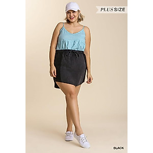Umgee Linen Blend French Terry Elastic Waistband and Drawstring Skirt with Round Hem Black
