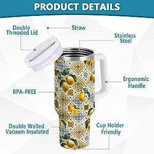 Wfrish Tumbler with Handle and Straw Lid,Vintage Lemons Leaves Patchwork 40 oz Insulated Coffee Cup Stainless Steel Fruit Water Bottle Travel Mug Cupholder Friendly,Gifts for Women Men
