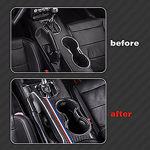Xotic Tech Center Console Gear Water Cup Panel Cover Trim, Genuine Soft Carbon Fiber with 3 Color Strips, Compatible with Ford Mustang 2015-up